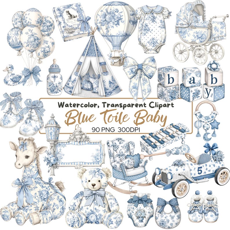90 PNG Blue Toile Baby Clipart | Watercolor Baby Shower | Vintage ...