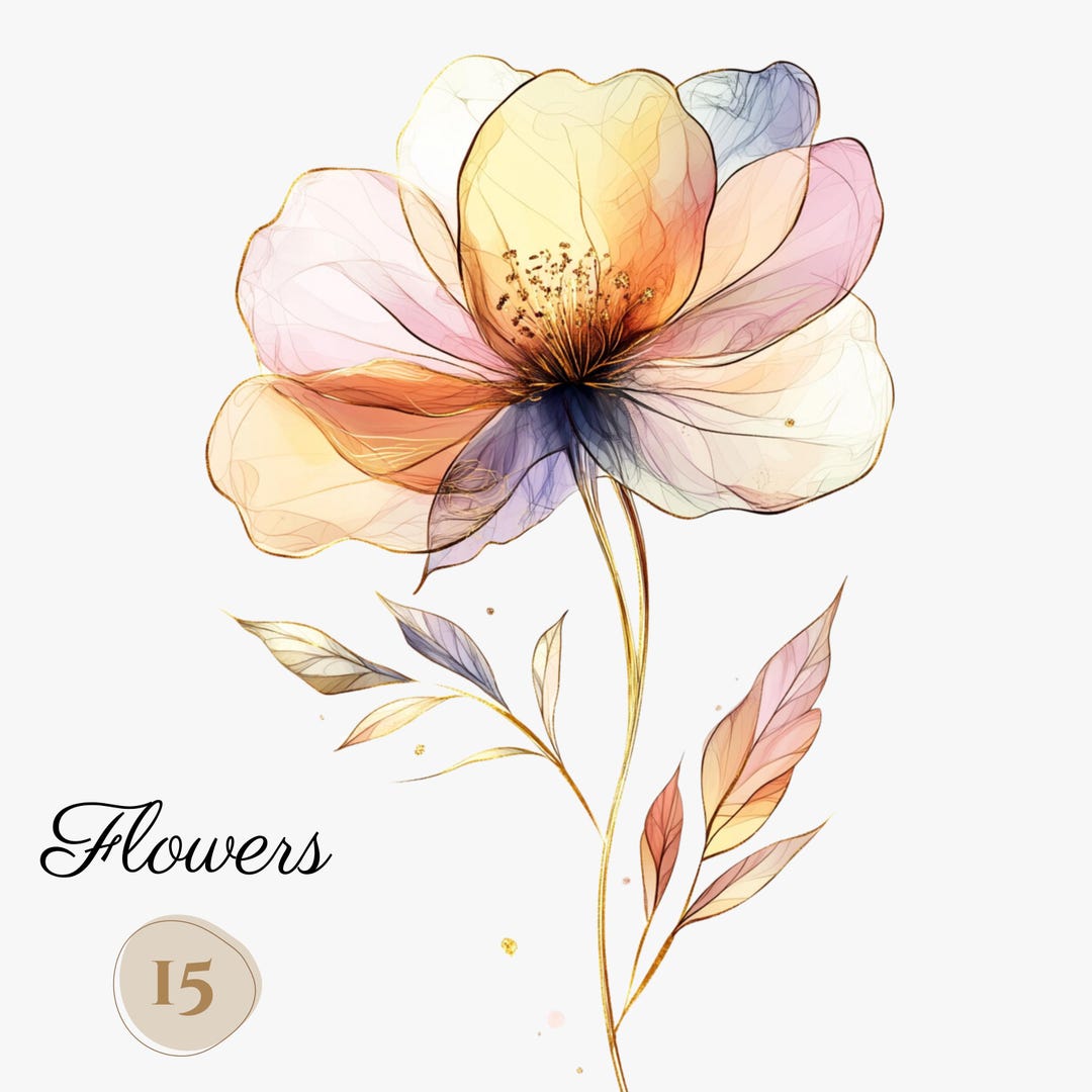 15 PNG WATERCOLOR Flower Clip Arts (300 Dpi, Commercial Use, Bundle ...