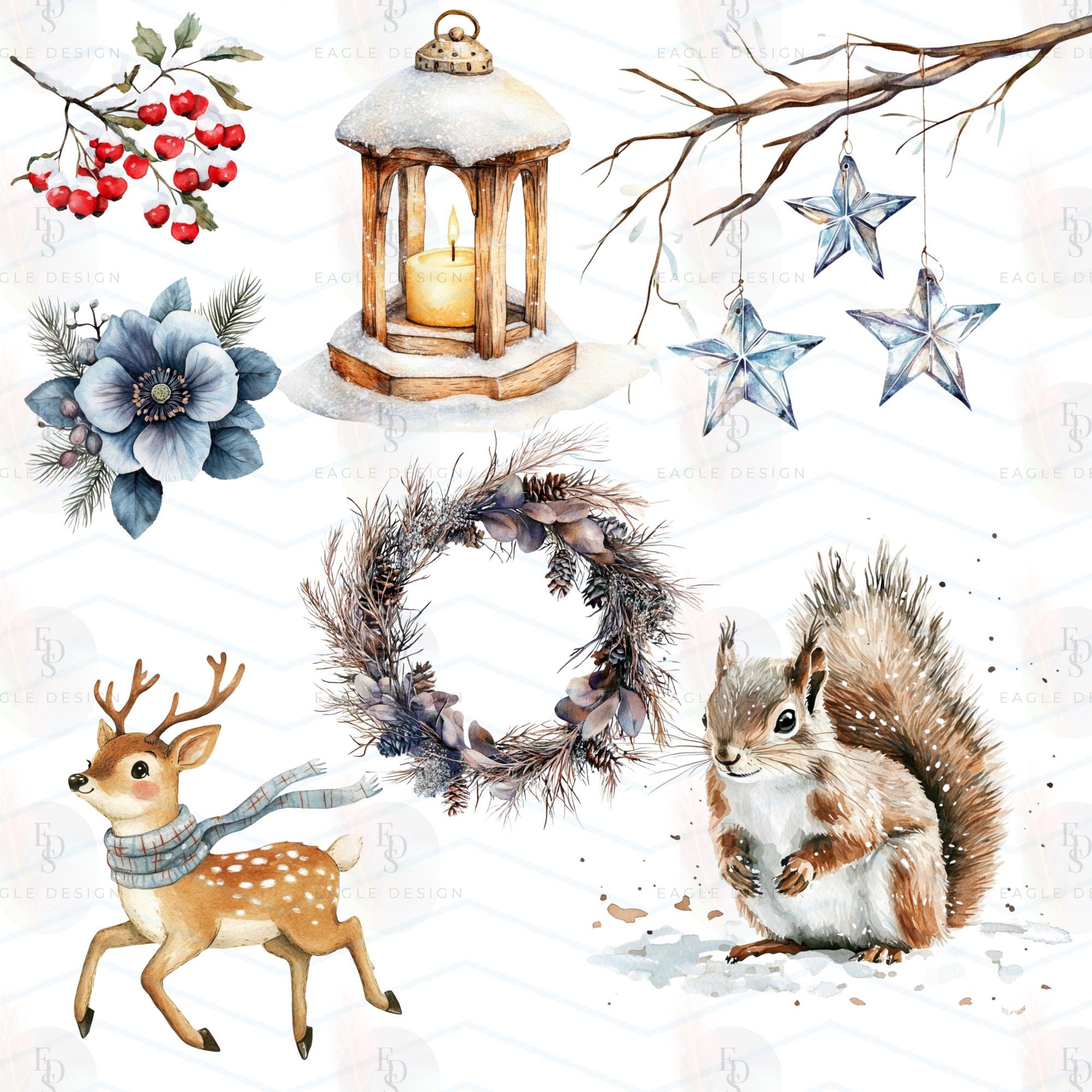 Winter Woodland Watercolor Clipart Set – 61 PNG | Wild Animals, Snow ...