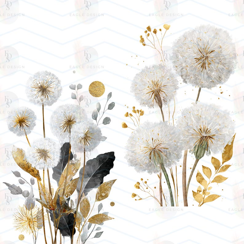 Dandelion Flower Clipart Bundle: Watercolor Gold Accents (PNG Digital ...