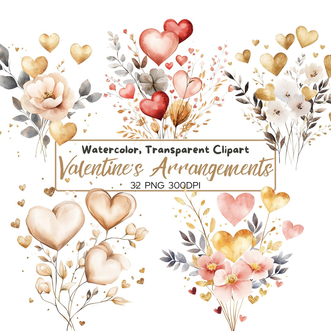 Watercolor Hearts Clipart: 32 PNG Valentine's Day Graphics (digital ...