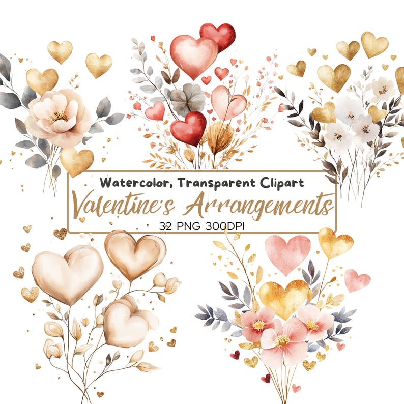 Watercolor Hearts Clipart: 32 PNG Valentine's Day Graphics (digital ...