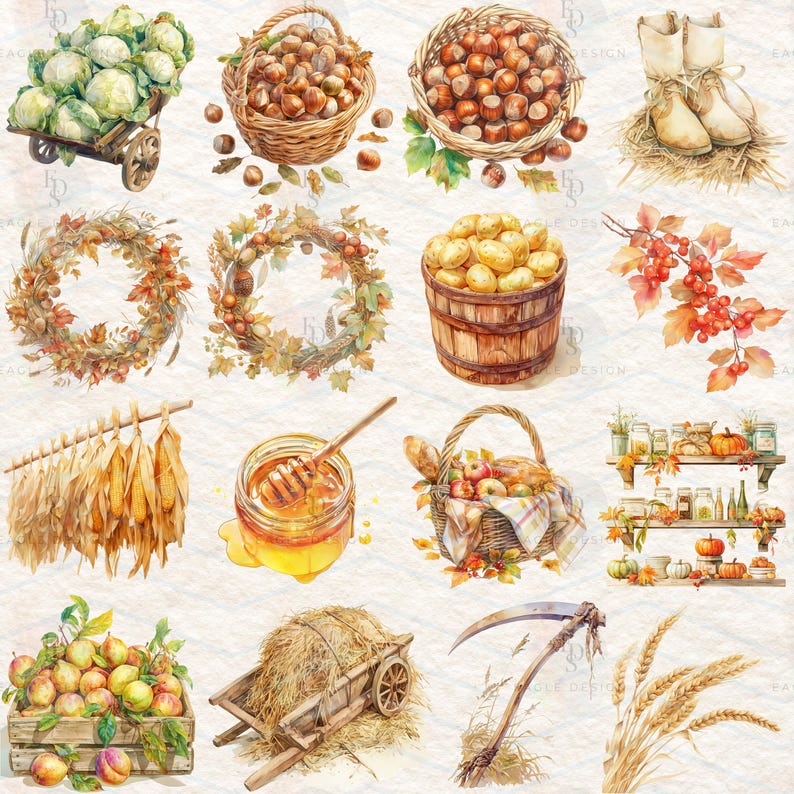 120 PNG Autumn Harvest Clipart Bundle, Watercolor Fall Farm PNG ...
