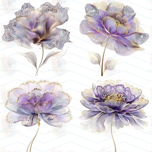 20 PNG PURPLE - Rose Gold Abstract FLOWERS Clip Arts, Golden Outline ...