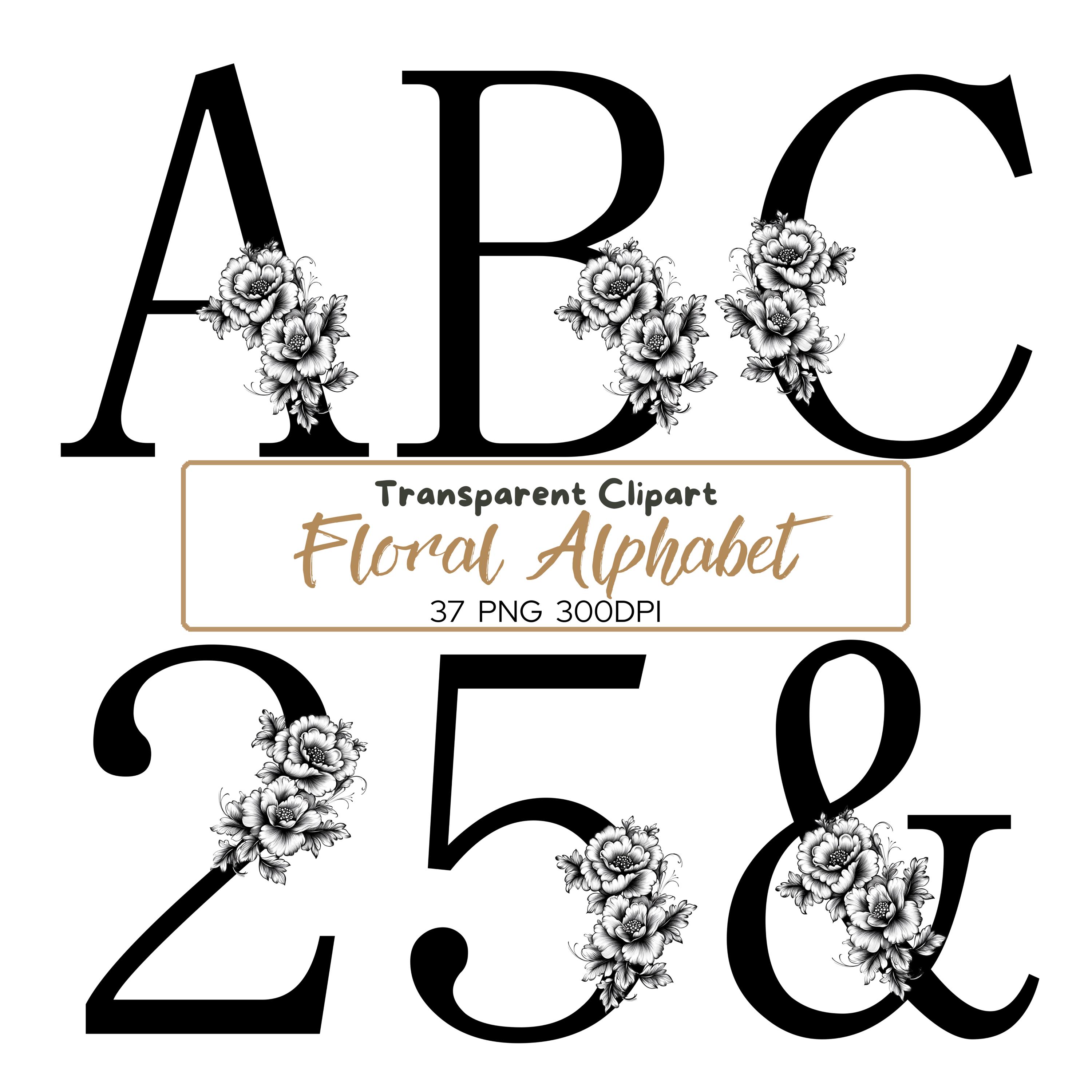 Floral Alphabet PNG Clipart: Black Letters and Numbers (digital ...