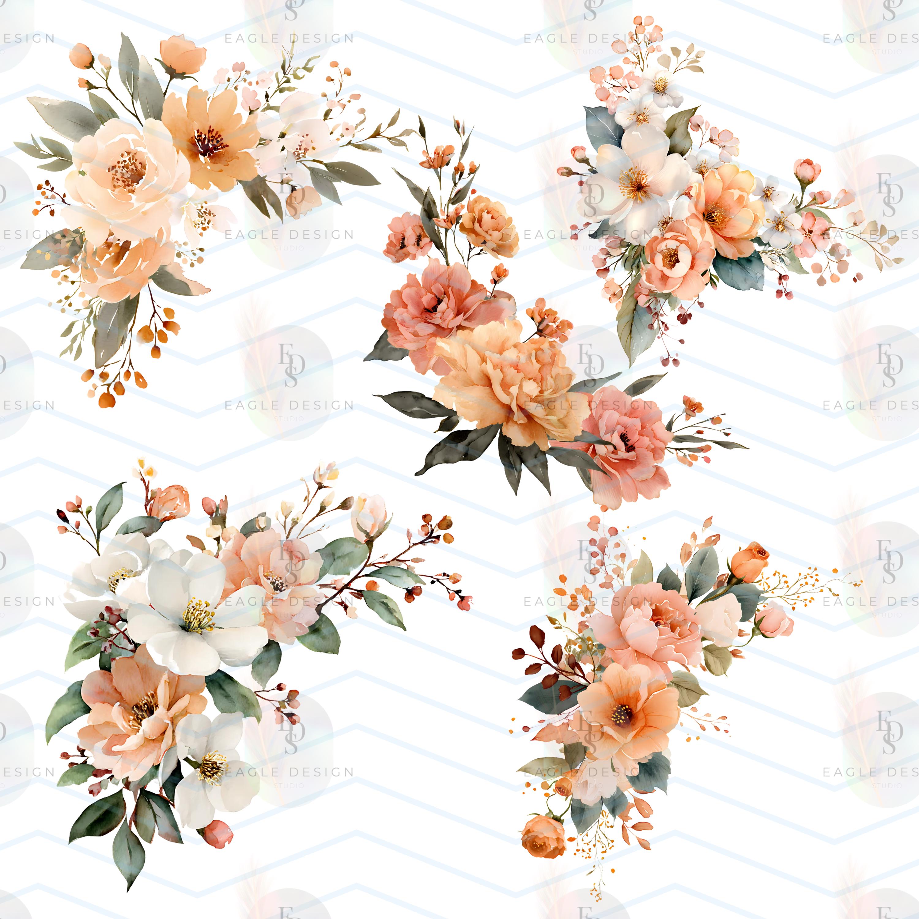 30 PNG PEACH Color Watercolor Corner Border FLOWERS Clip Arts, Peach ...