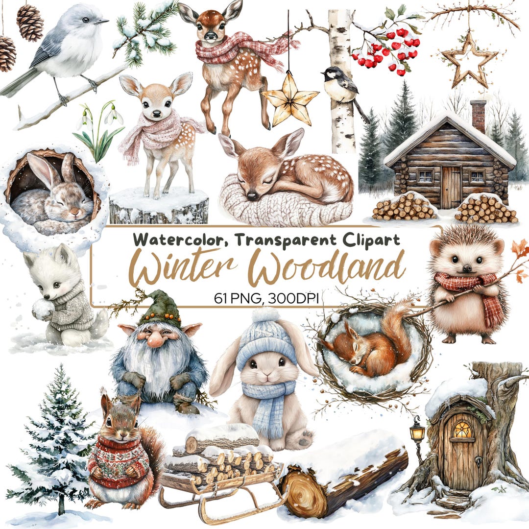 Winter Woodland Watercolor Clipart Set – 61 PNG | Wild Animals, Snow ...