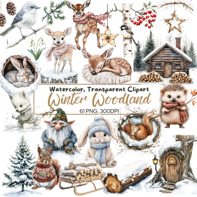 Winter Woodland Watercolor Clipart Set – 61 PNG | Wild Animals, Snow ...