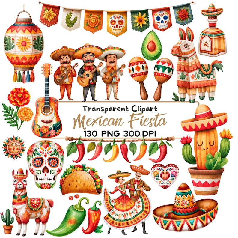 130 PNG Mexican Fiesta Clipart Bundle PNG, Watercolor Fiesta Clipart ...
