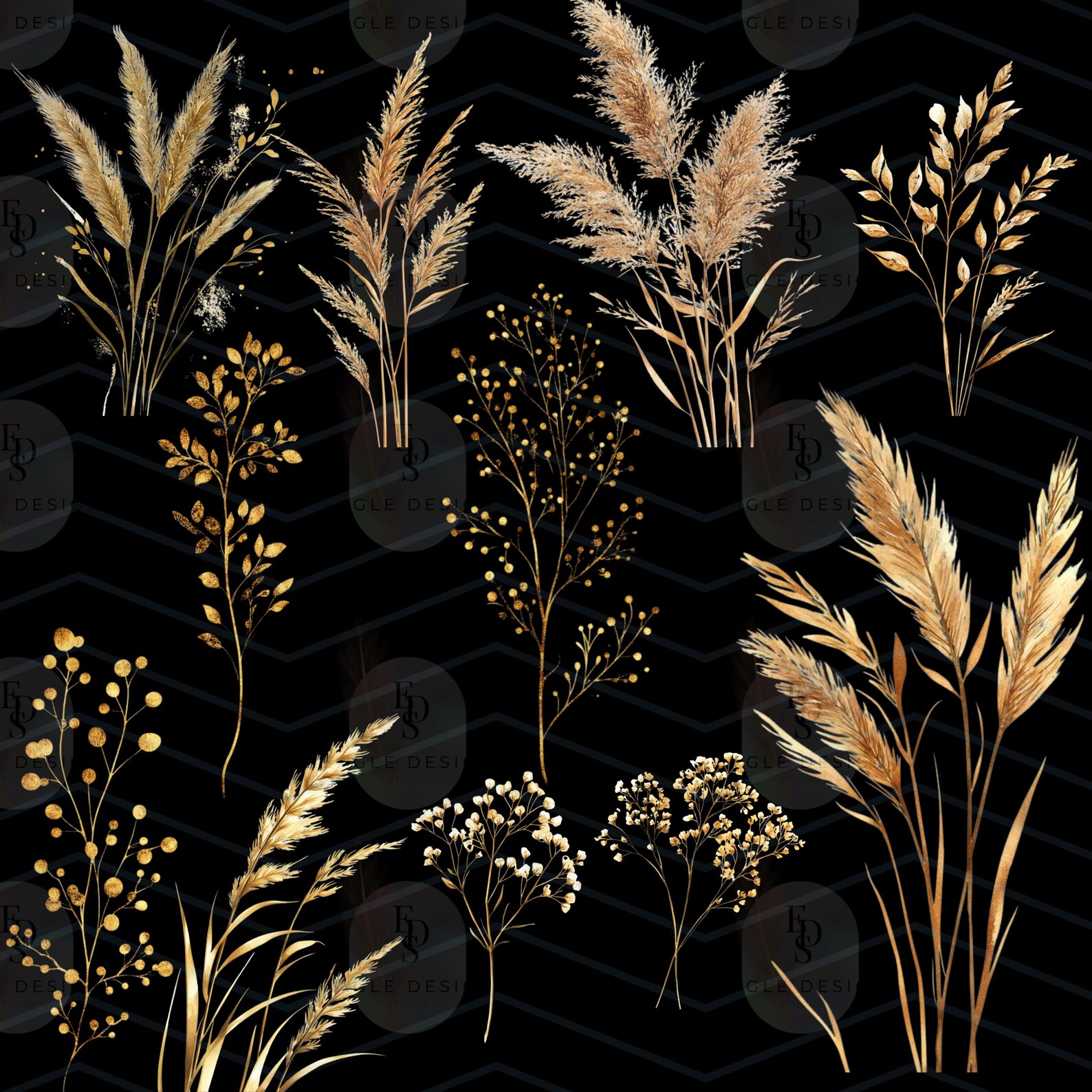 50 PNG GOLDEN Elements Flora Clip Arts (300 Dpi, Commercial Use, Bundle ...