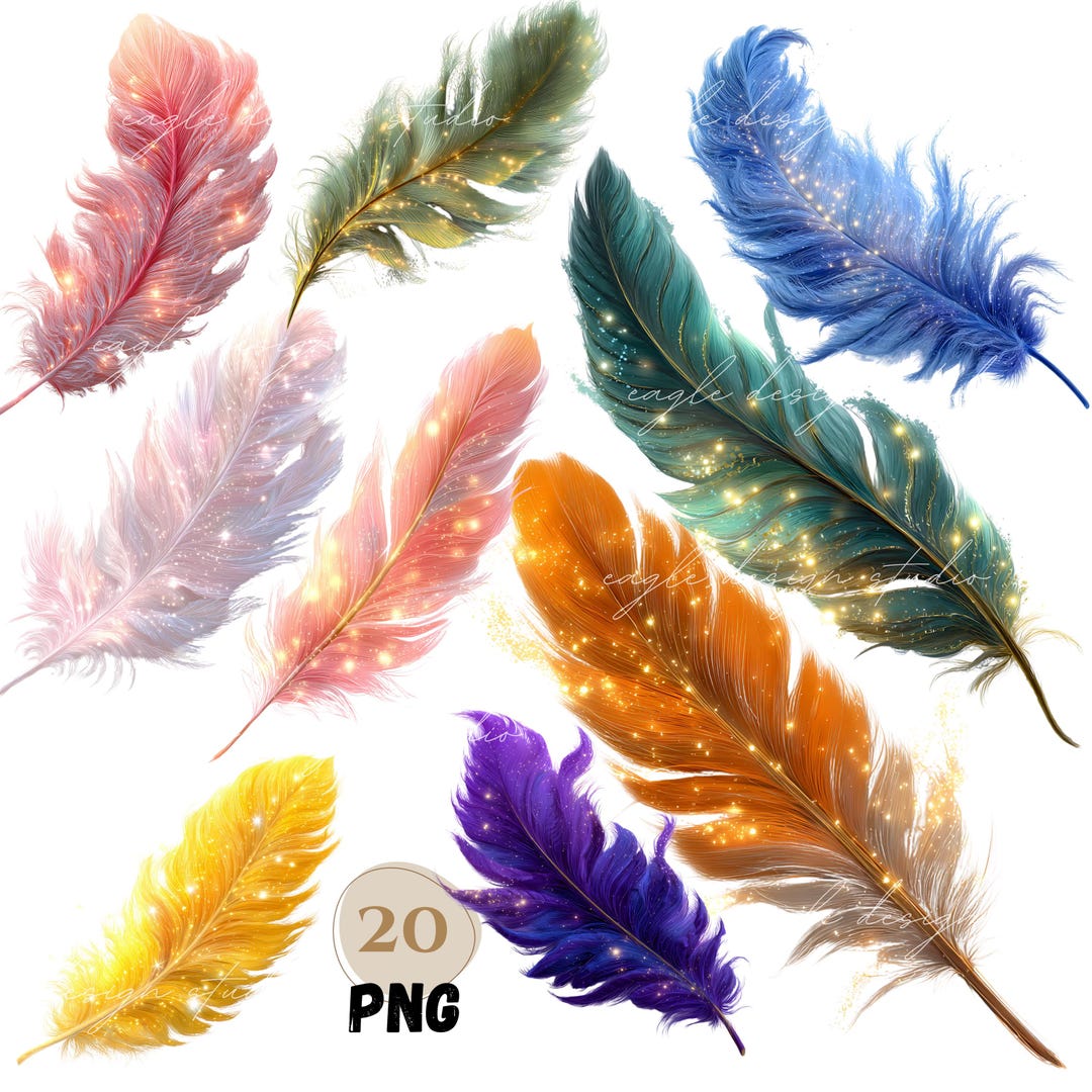 Sparkling Feather Clipart Bundle: Boho Glitter PNG Graphics (digital ...
