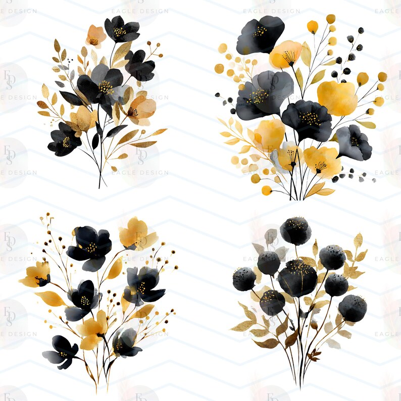 Black and Gold Floral Clipart: 28 PNG Wedding Elements (digital ...
