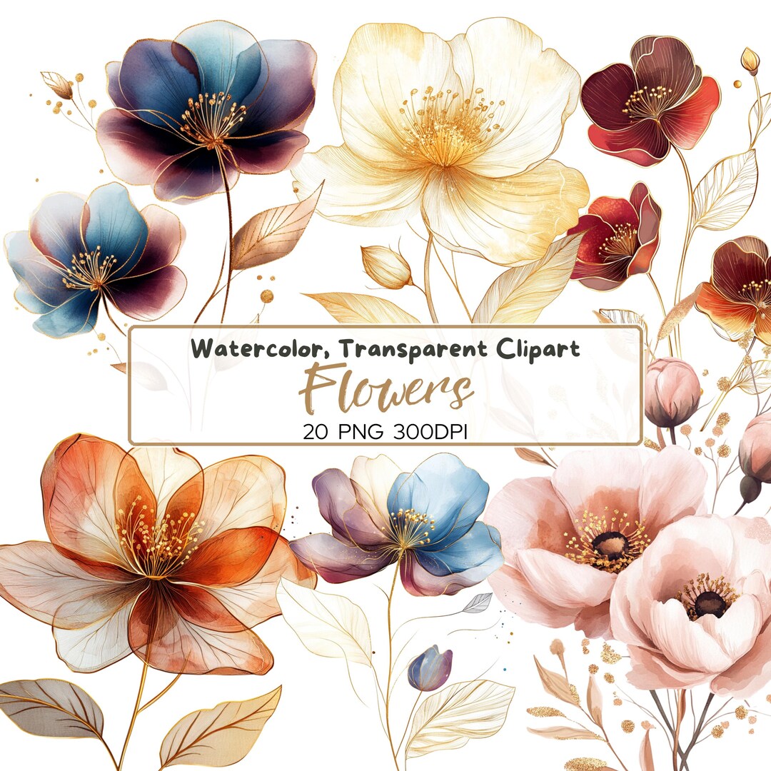 20 Abstract Watercolor Floral Clipart Bundle, Mint Green, White & Gold ...