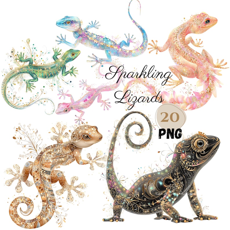 Fantasy Lizard Clipart Bundle, Glitter LIZARDS Clip Art PNG, Sparkling ...