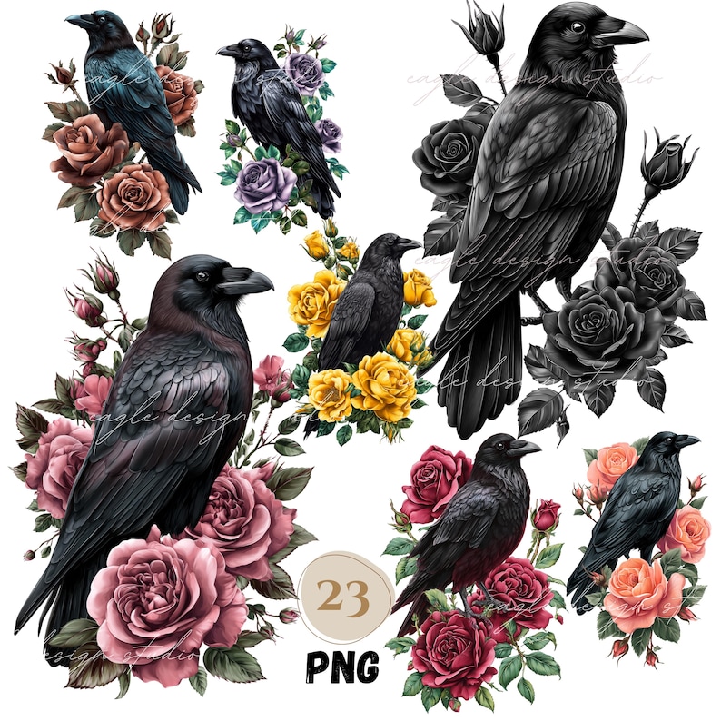 Gothic Raven & Roses Clipart: Dark Romantic PNG Illustrations (digital ...
