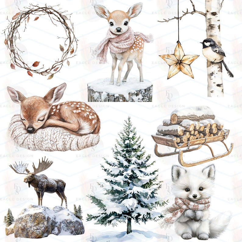 Winter Woodland Watercolor Clipart Set – 61 PNG | Wild Animals, Snow ...
