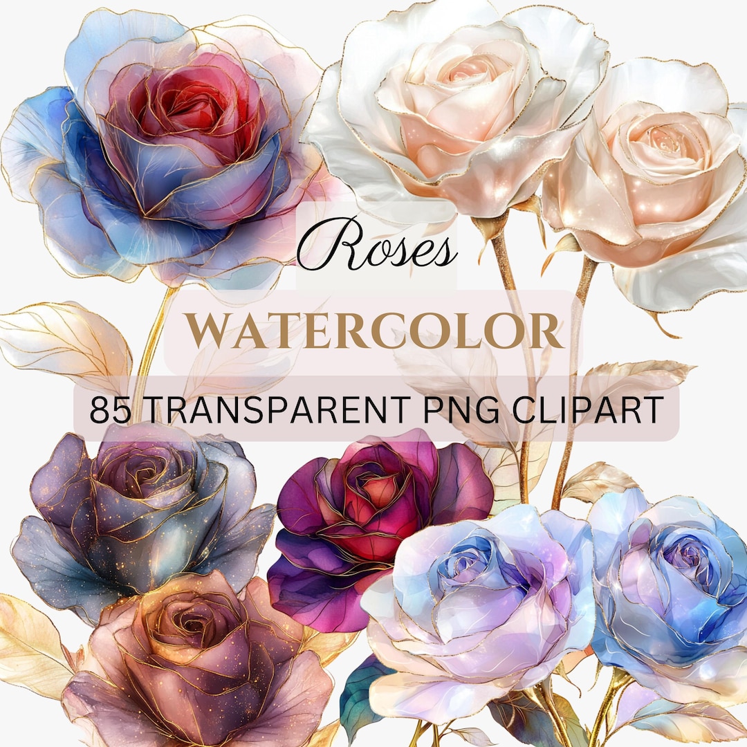 ROSES 85 PNG Watercolor Sparkling Flower Clip Arts (commercial Use ...