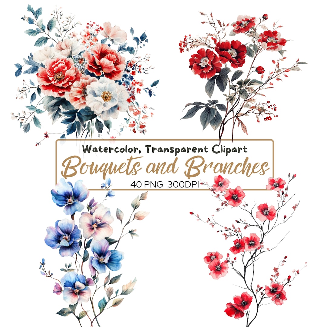 Watercolor Flower Clipart: Boho Floral Bouquets, Branches (PNG Digital ...