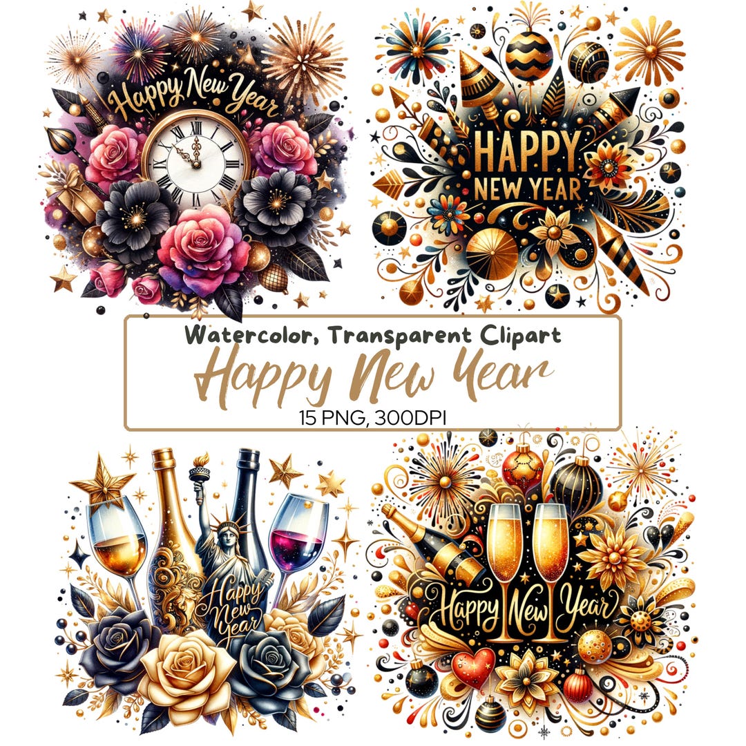 15 Festive "happy New Year" Watercolor Clipart PNG Bundle | Celebration ...