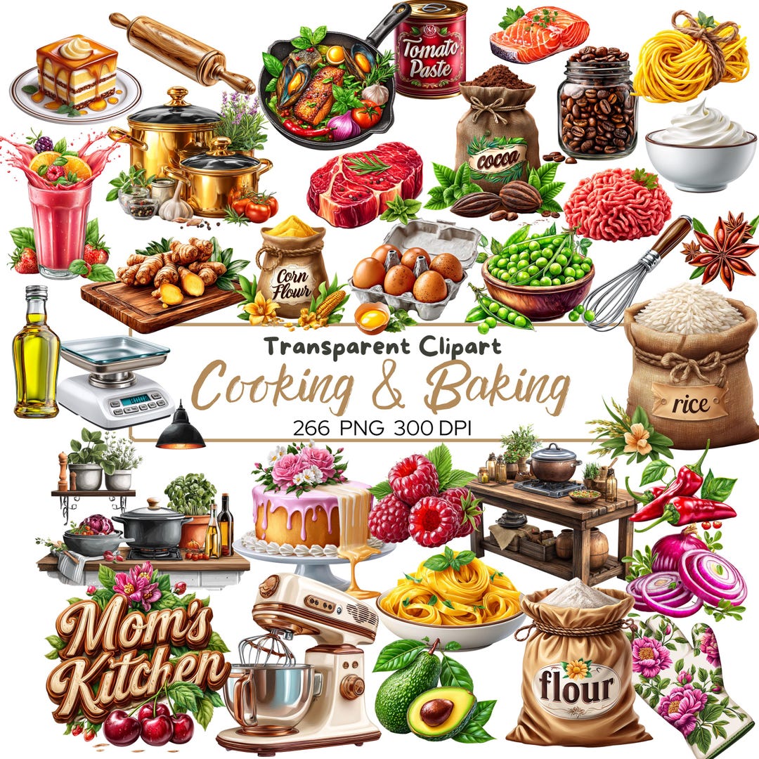 Cooking Clipart Bundle PNG, Kitchen Tools and Ingredients, Baking ...