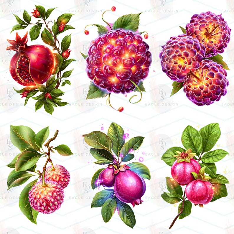 60 PNG Glowing FRUIT Clipart Bundle, Transparent, Neon Sparkle Fruit ...