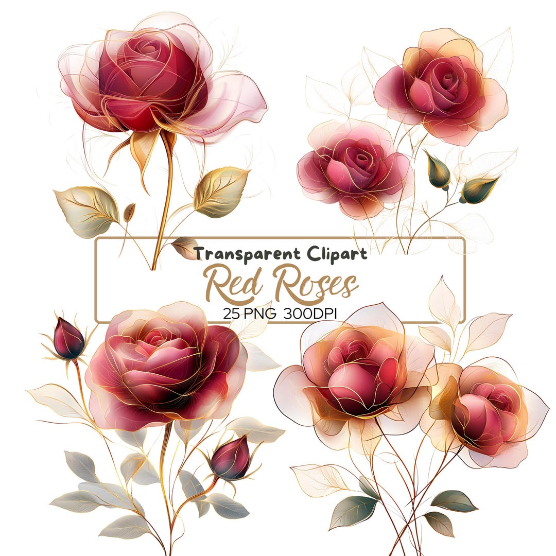 25 PNG RED and Gold ROSES Clip Arts (300 Dpi, Commercial Use, Bundle ...