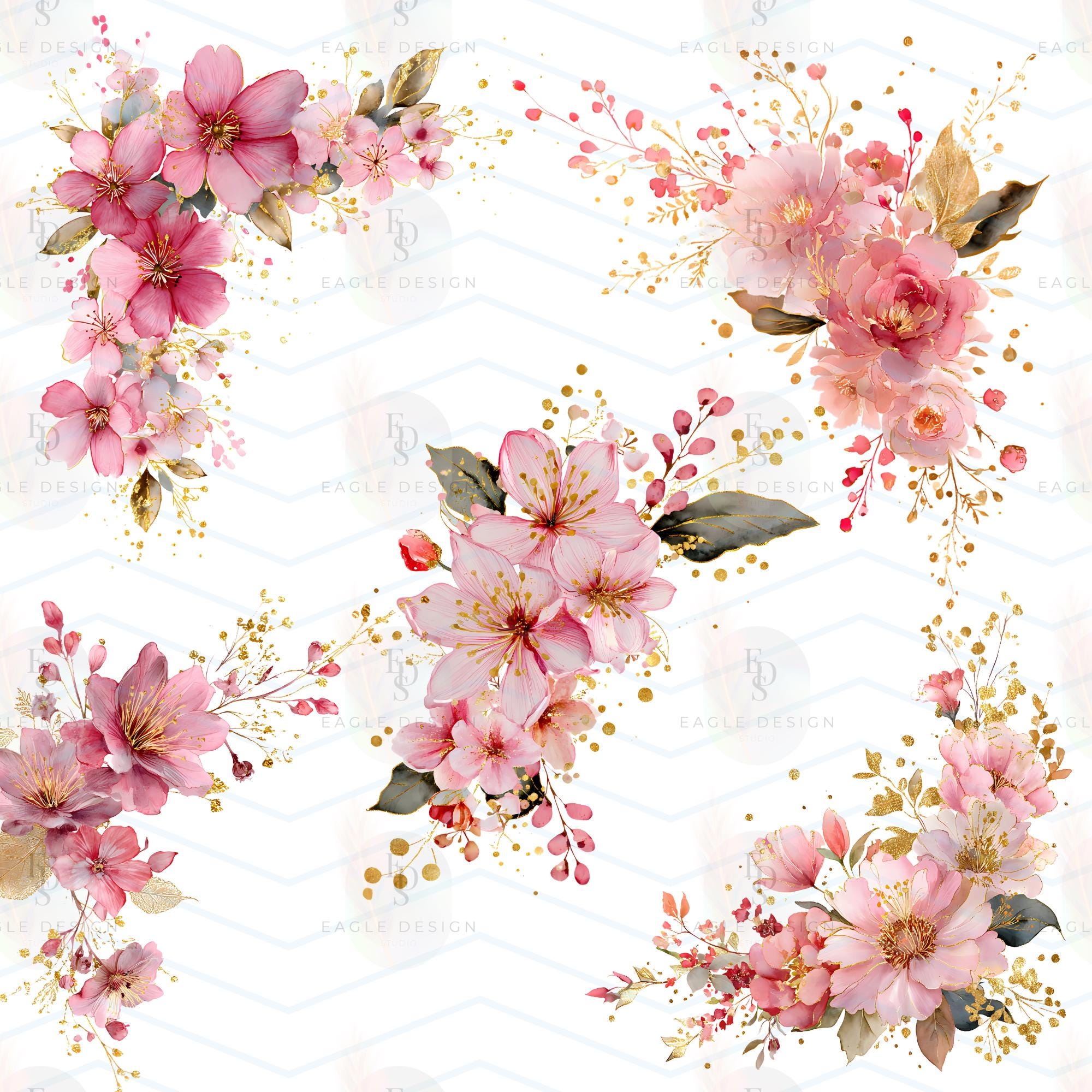 30 PNG PINK Gold Watercolor Corner Border FLOWERS Clip Arts, Pastel ...