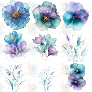 60 PNG TEAL and Purple Watercolor FLOWERS Clip Arts (300 Dpi ...