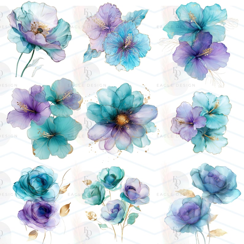 60 PNG TEAL and Purple Watercolor FLOWERS Clip Arts (300 Dpi ...