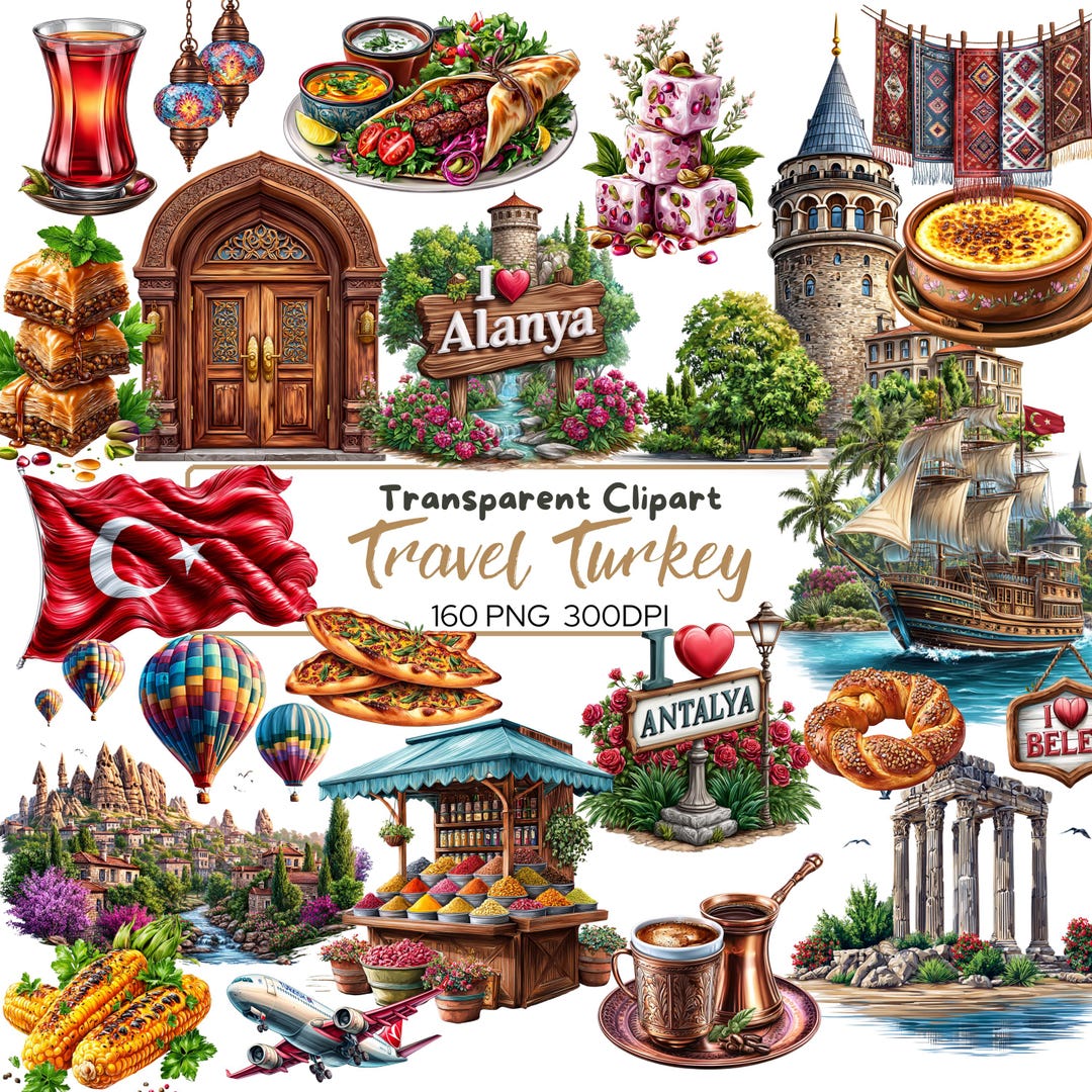 Travel Turkey Clipart Bundle, 160 Watercolor PNG Turkish Food ...