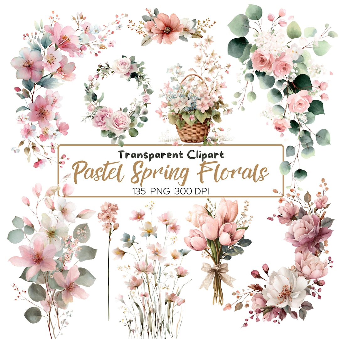 Pastel Spring Floral Clipart PNG Bundle, Watercolor Flowers ...