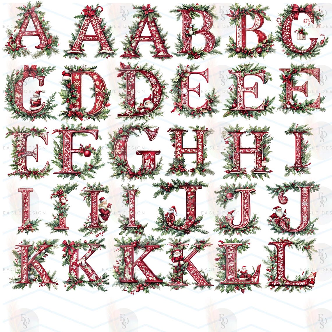 CHRISTMAS Initial Letters Bundle Card Clipart, English Alphabet Letters ...