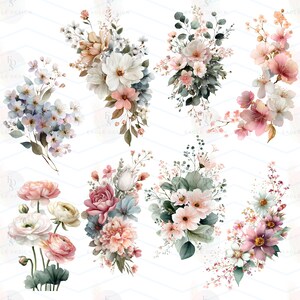 Pastel Spring Floral Clipart PNG Bundle, Watercolor Flowers ...