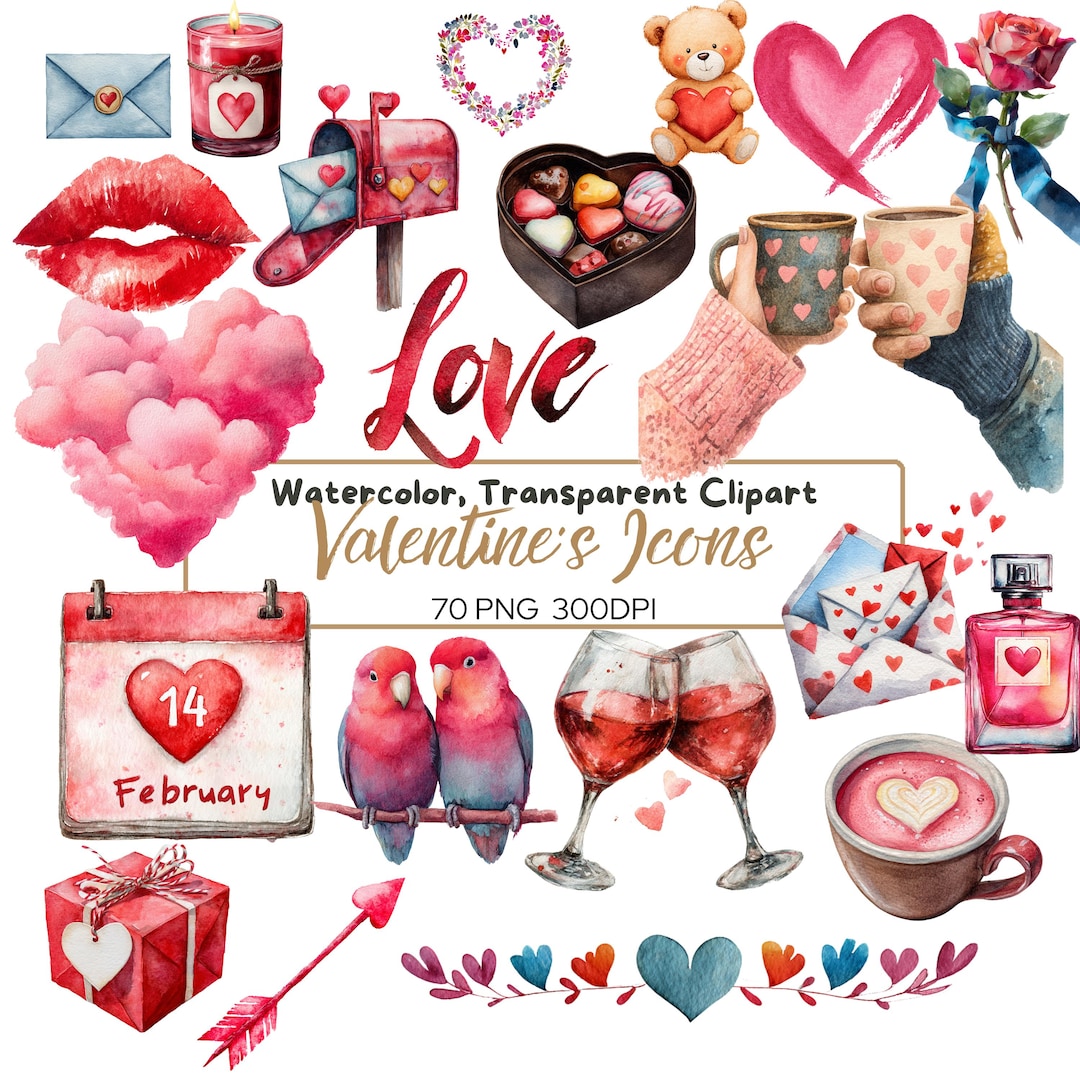 70 PNG Valentine’s Watercolor Icons Clipart Bundle, Romantic Heart ...