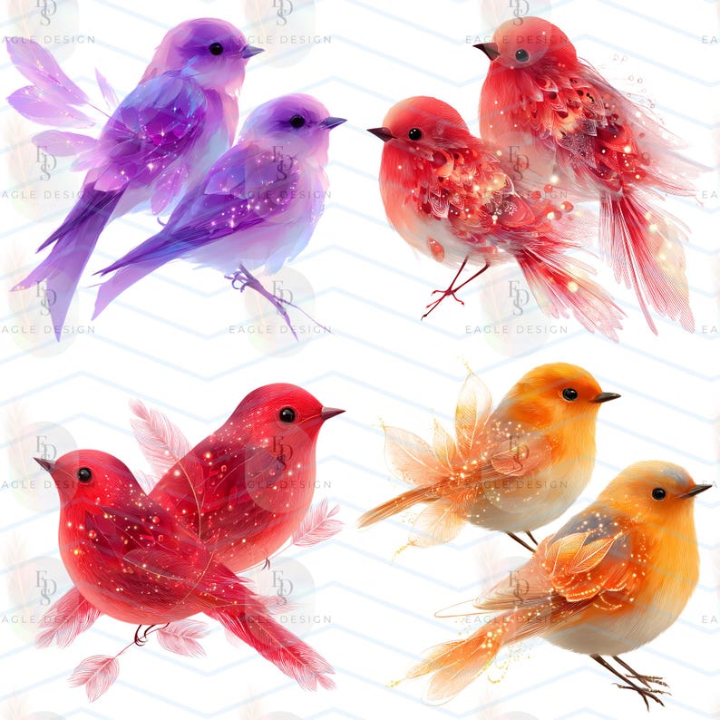 Glitter Fantasy Bird Clipart Bundle: Whimsical Sparkling Pngs (digital ...