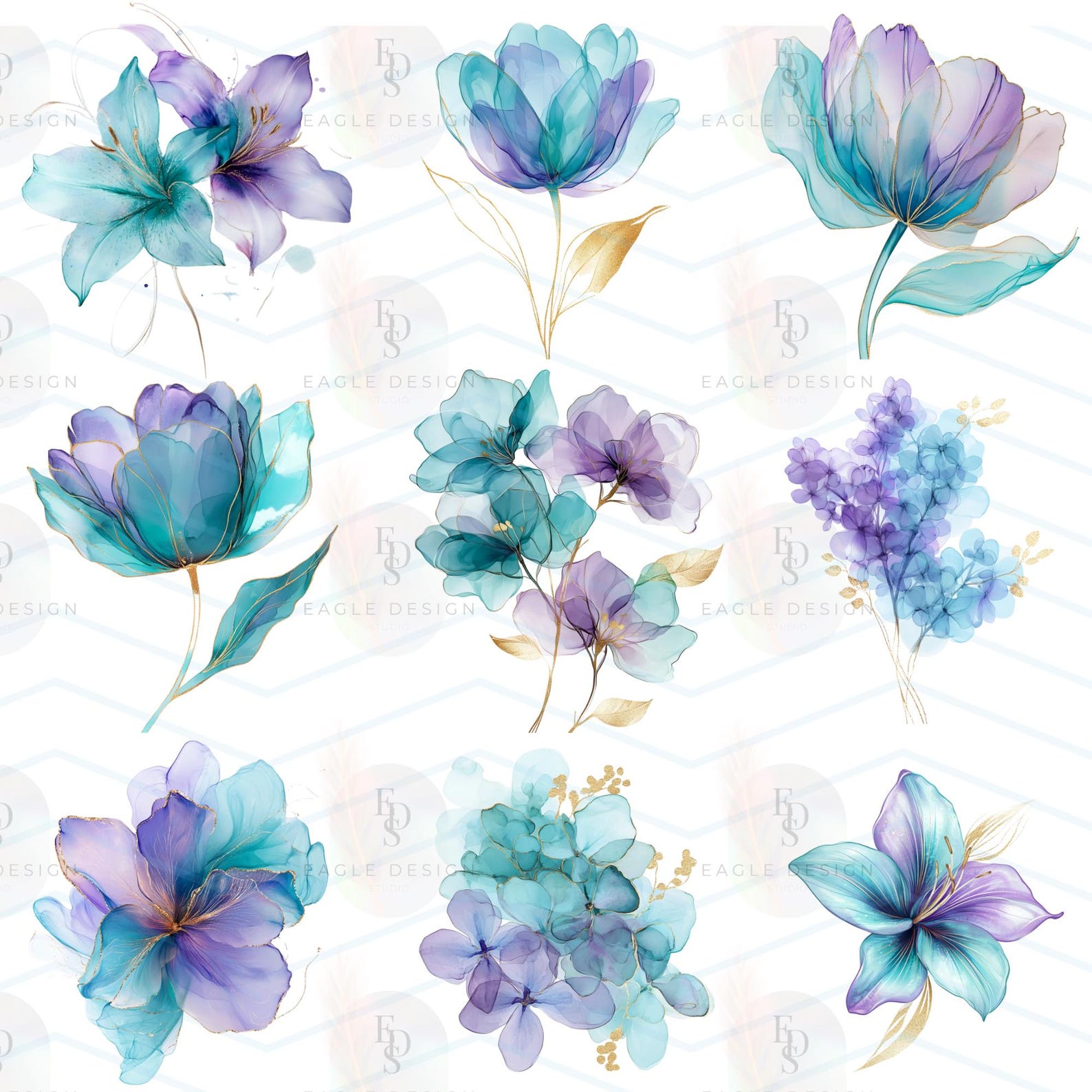 60 PNG TEAL and Purple Watercolor FLOWERS Clip Arts (300 Dpi ...