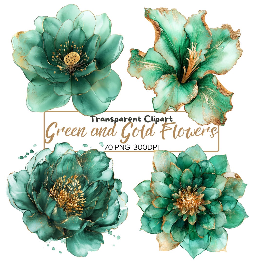 70 PNG GREEN and Golden Single FLOWERS Clip Arts (300 Dpi, Commercial ...