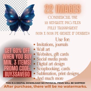 Ethereal Dark Blue Butterfly Clipart: 22 PNG Illustrations (digital ...