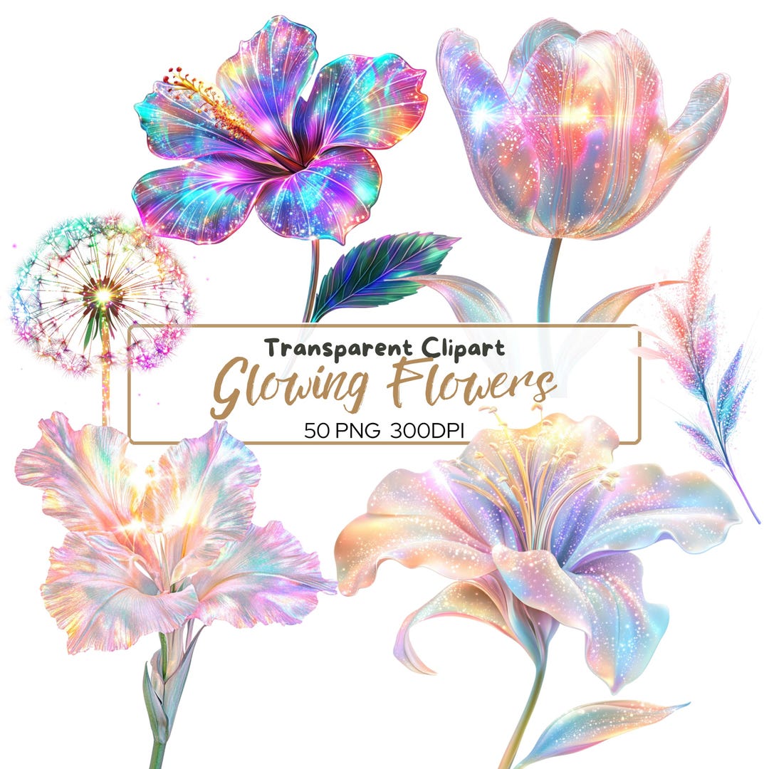 50 PNG GLOWING FLOWERS Clip Arts (300 Dpi, Commercial Use, Bundle ...