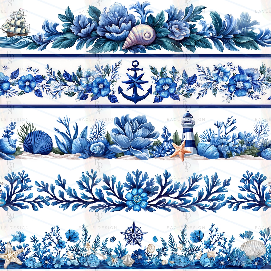 30 PNG Blue Nautical Borders Clipart, Seashell Ocean Anchor Lighthouse ...