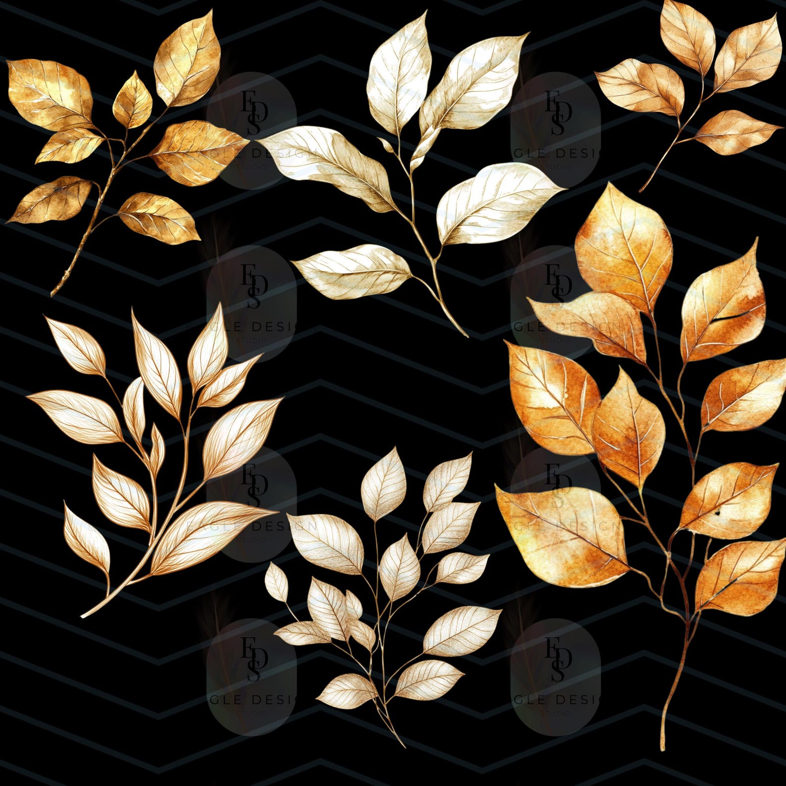 50 PNG GOLDEN Elements Flora Clip Arts (300 Dpi, Commercial Use, Bundle ...