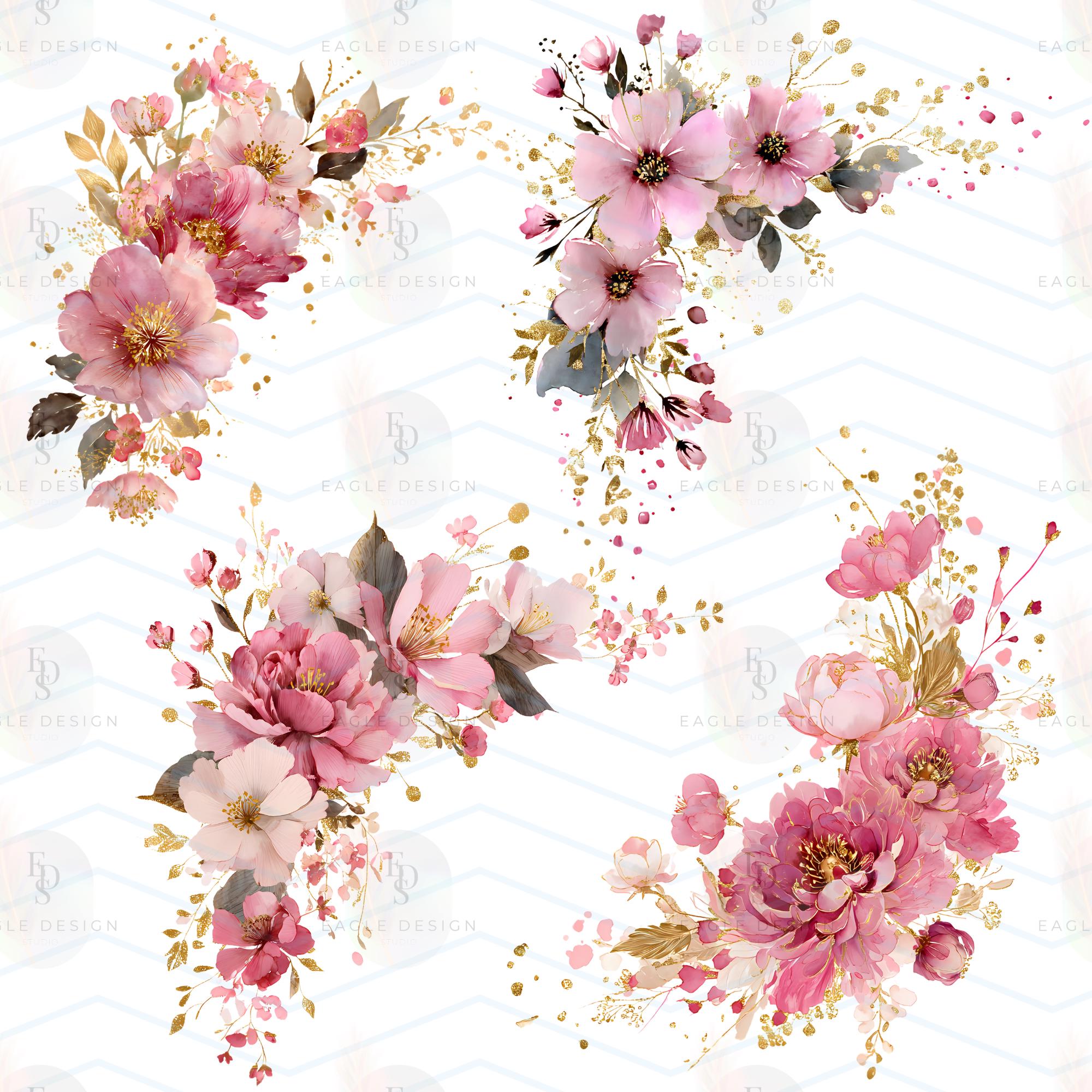 30 PNG PINK Gold Watercolor Corner Border FLOWERS Clip Arts, Pastel ...