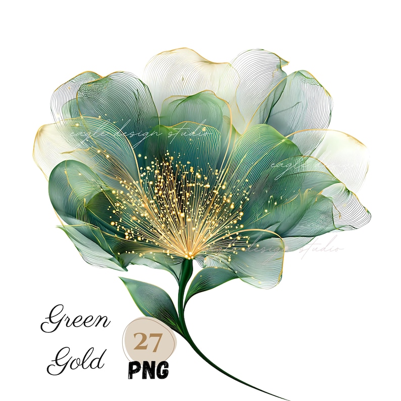 Green Gold Flower Clipart: Luxury Floral PNG Images (digital Download ...