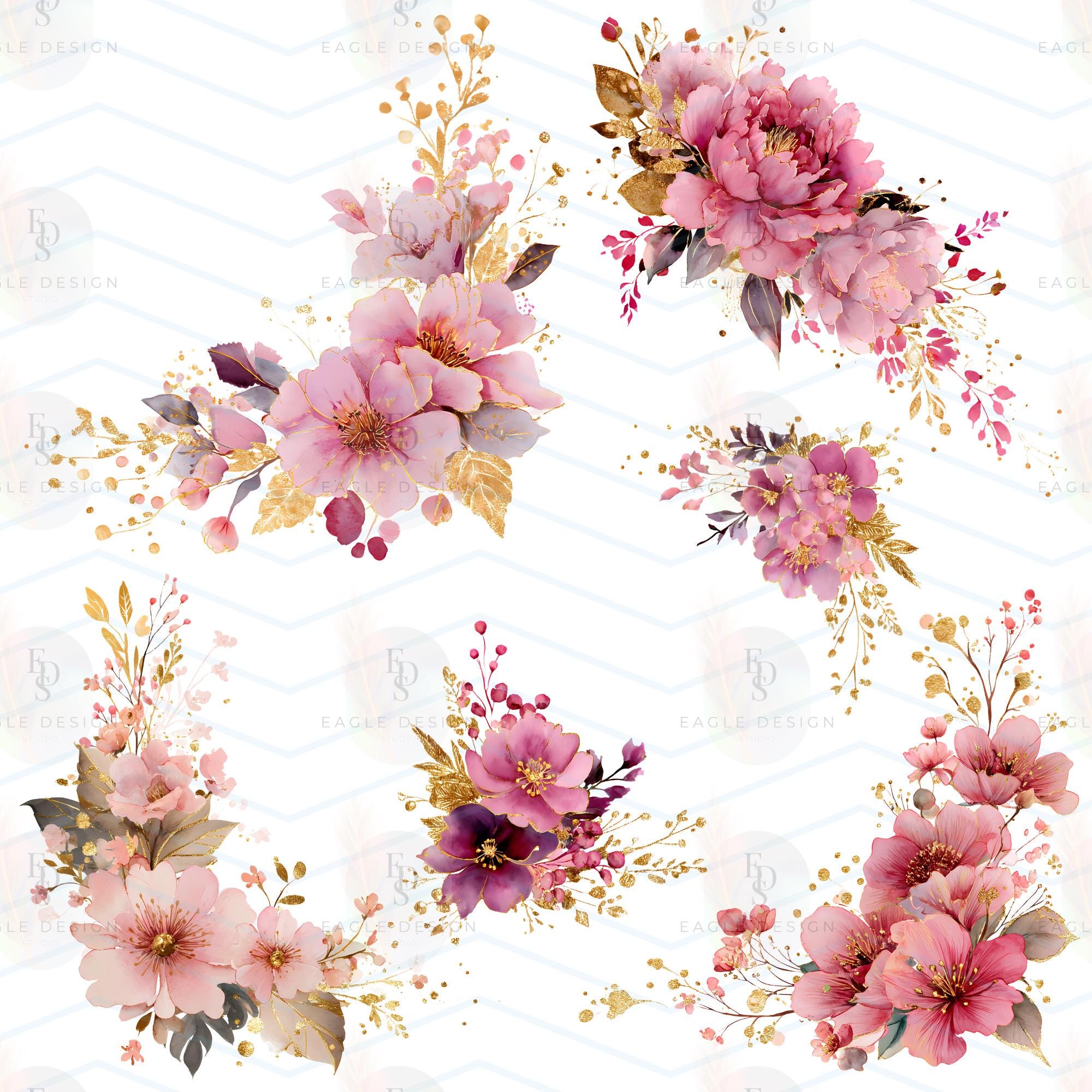 30 PNG PINK Gold Watercolor Corner Border FLOWERS Clip Arts, Pastel ...