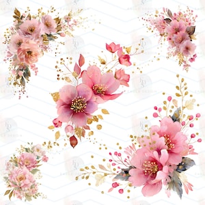 30 PNG PINK Gold Watercolor Corner Border FLOWERS Clip Arts, Pastel ...