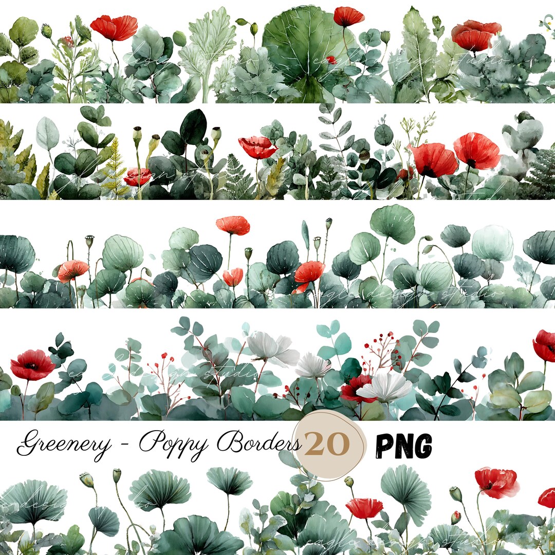 20 PNG Greenery Poppy Border Clipart Bundle | Watercolor Floral Borders ...