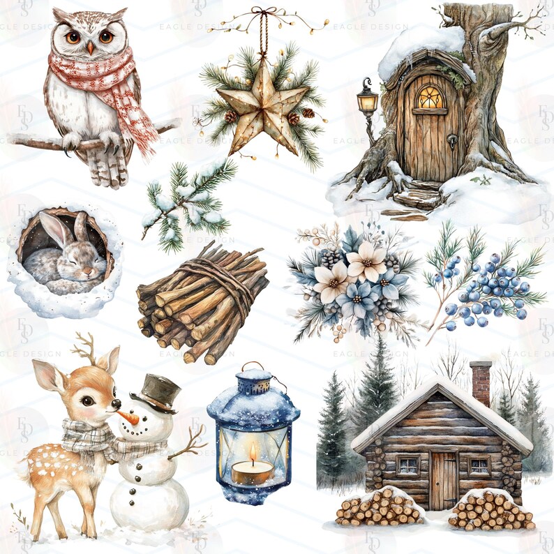 Winter Woodland Watercolor Clipart Set – 61 PNG | Wild Animals, Snow ...