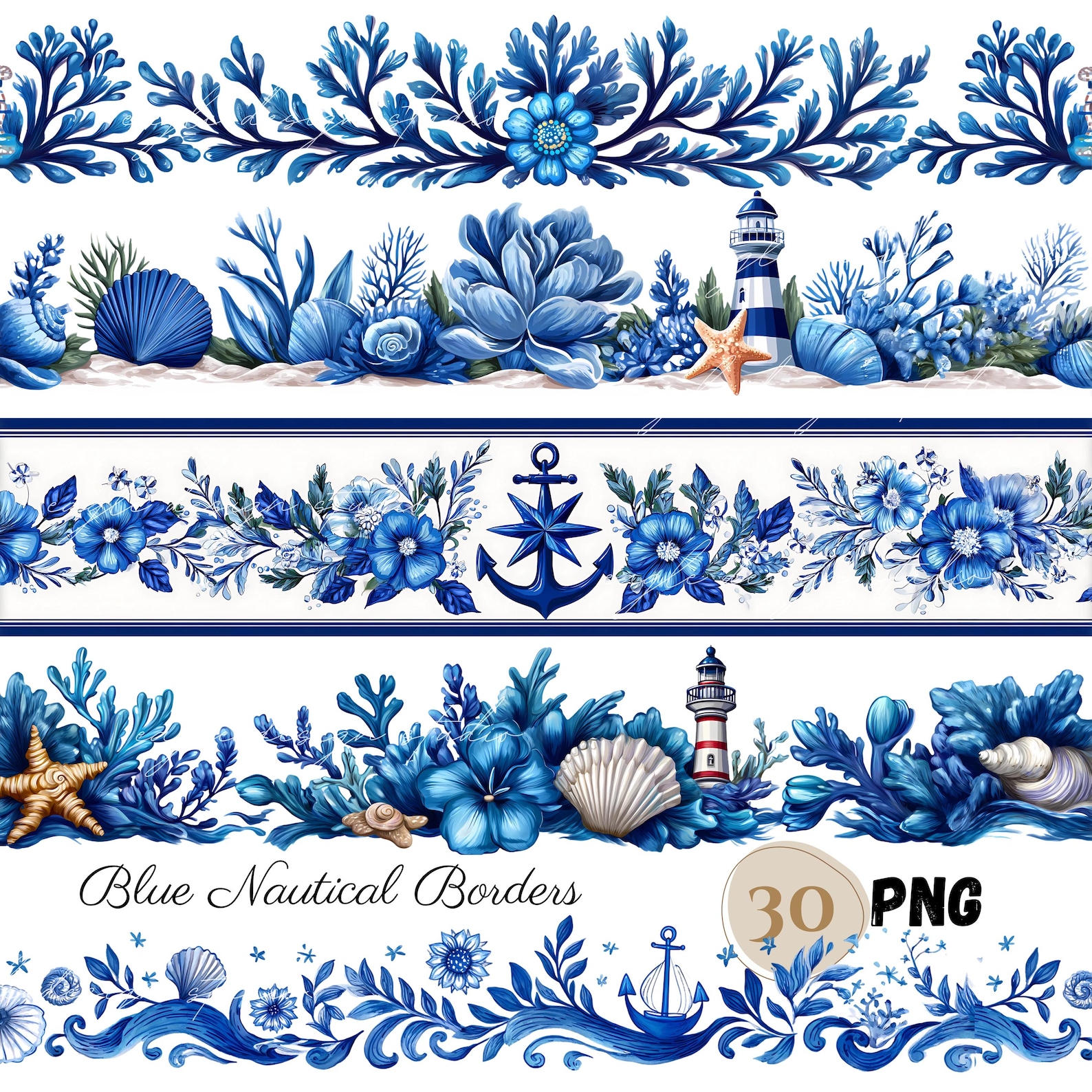 30 PNG Blue Nautical Borders Clipart, Seashell Ocean Anchor Lighthouse ...
