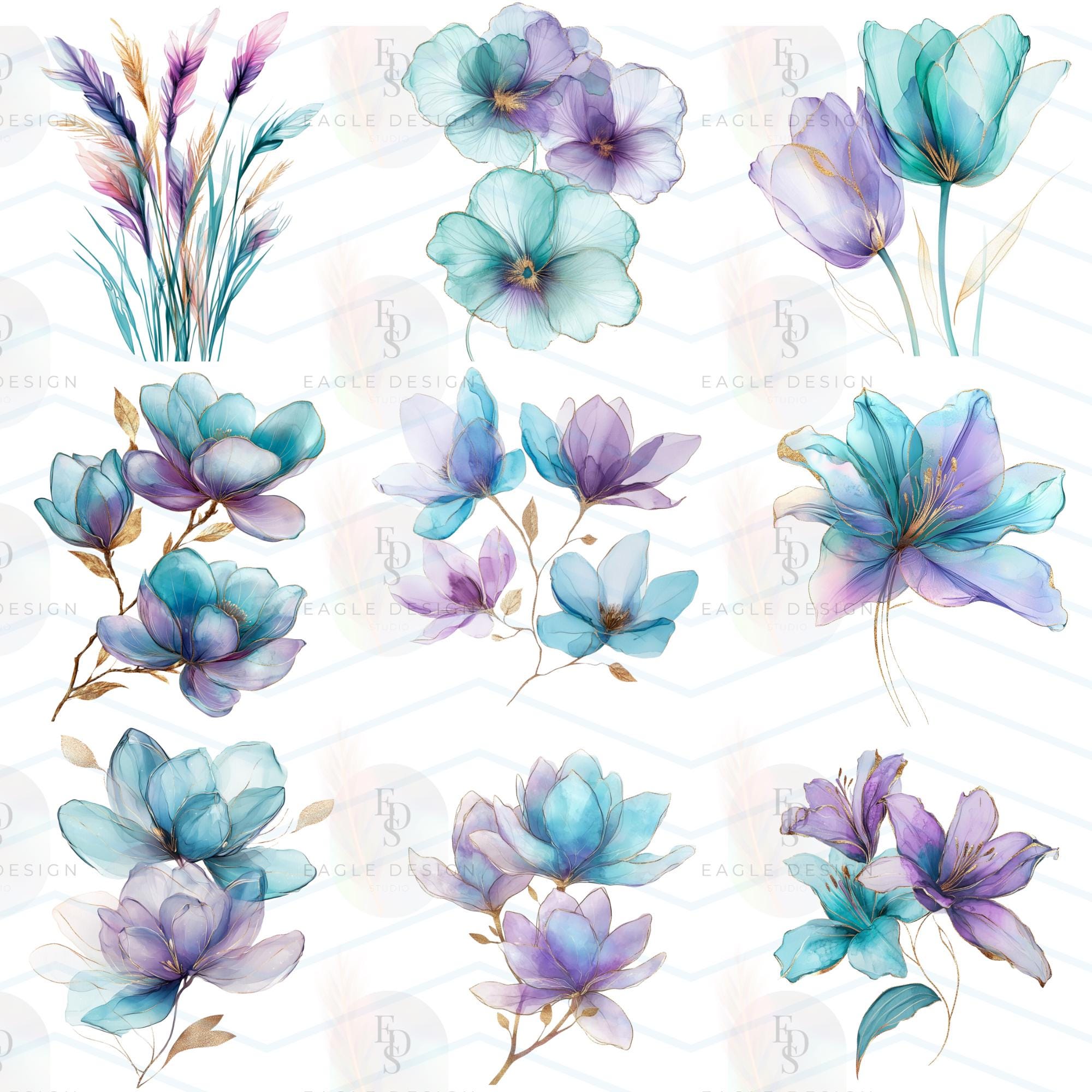 60 PNG TEAL and Purple Watercolor FLOWERS Clip Arts (300 Dpi ...
