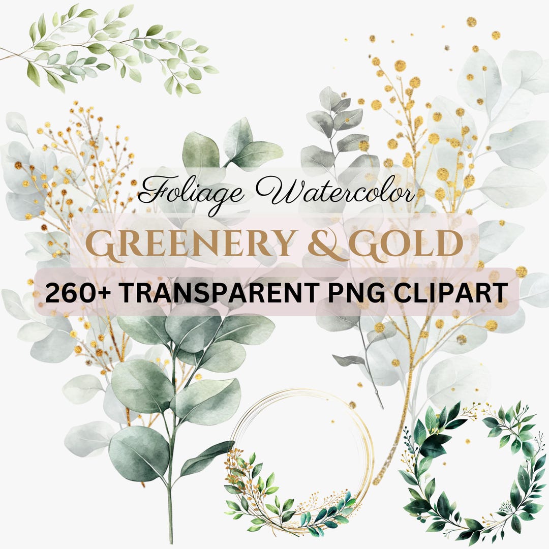 260 PNG Greenery Clipart Botanical Clipart Wedding Elements, Golden ...